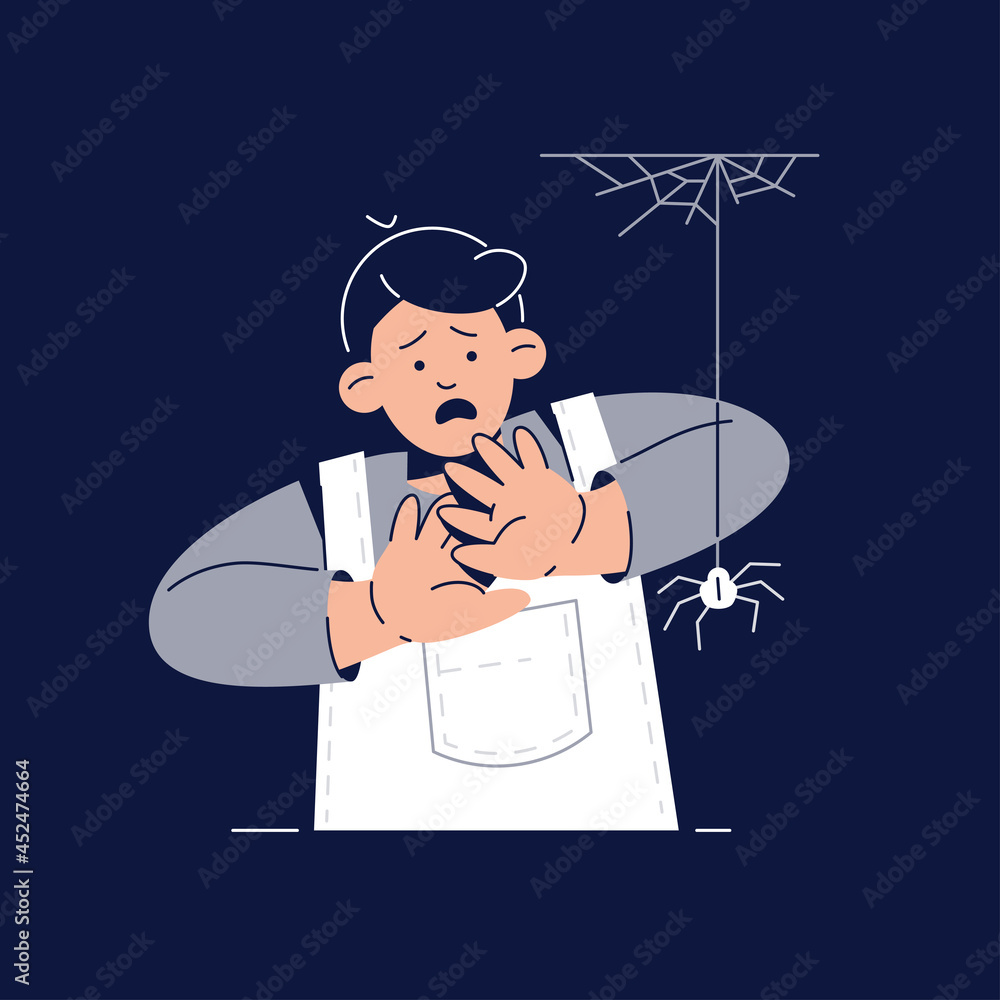 Fear of Spiders, Arachnophobia concept. Scared Kid Character is afraid ...