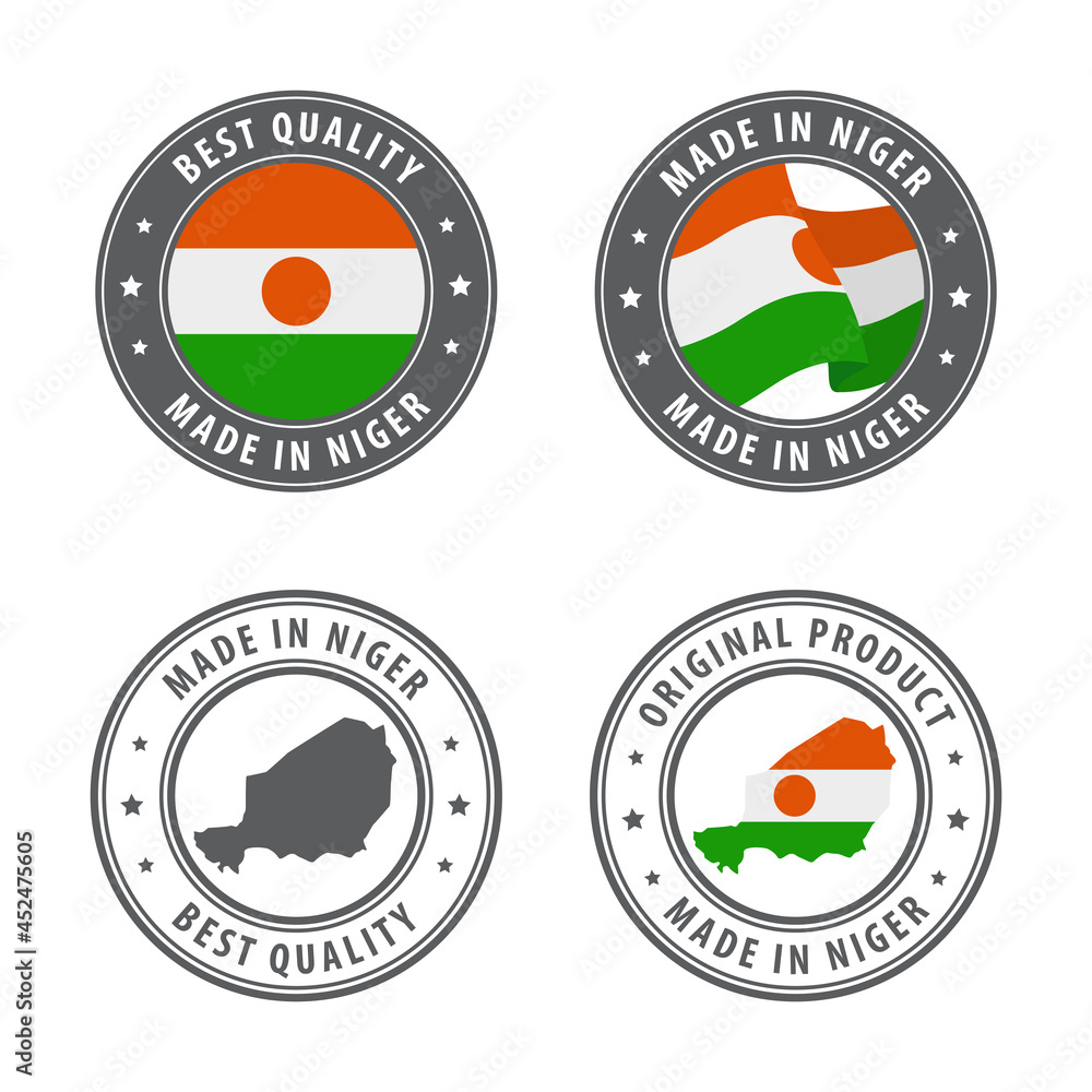 Made in Niger - set of labels, stamps, badges, with the Niger map and ...