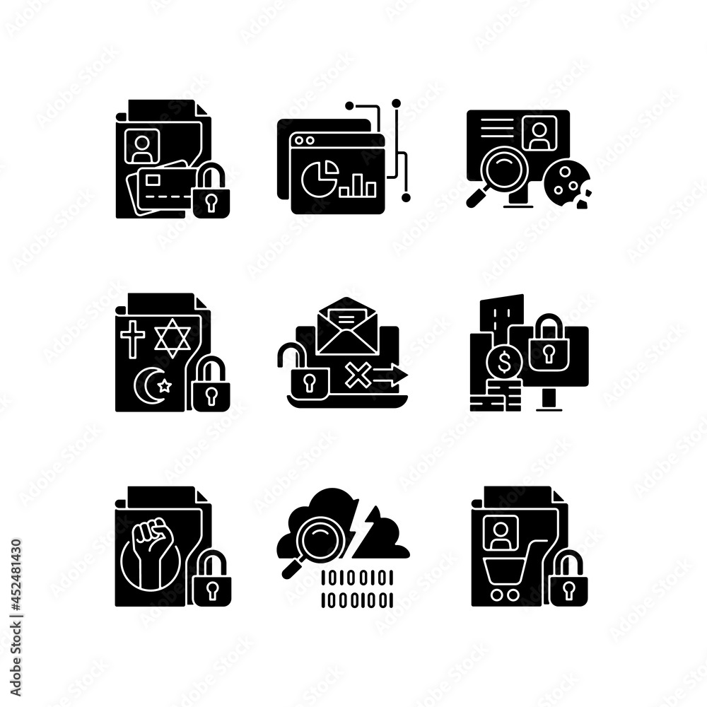 Personal information black glyph icons set on white space. Financial ...