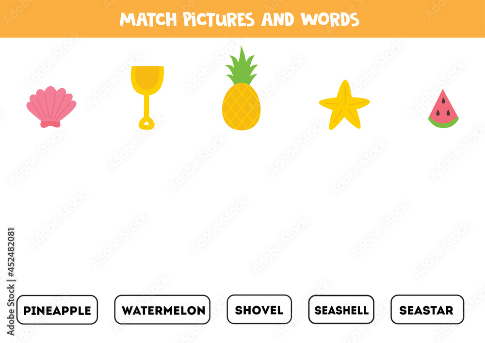Matching summer pictures and the words. Educational game for kids ...