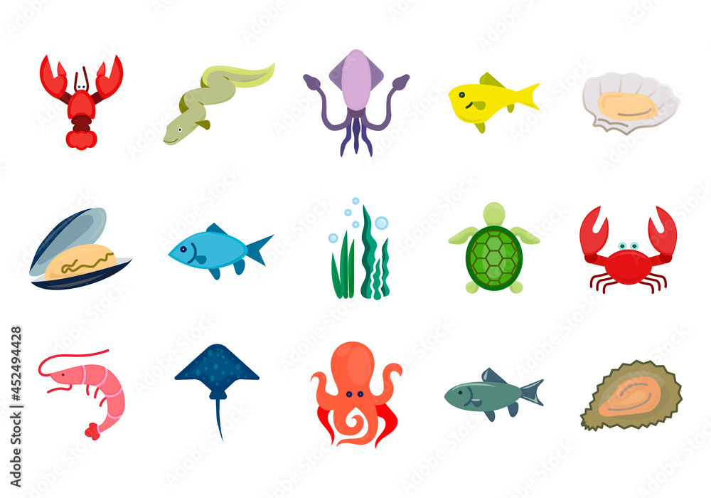 Vecteur Stock Set of seafood flat icons. Pictogram for web. Sea animals ...