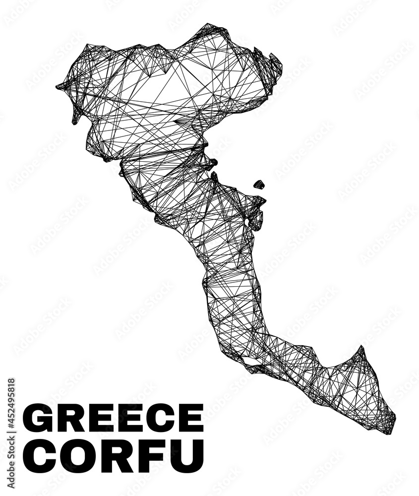 carcass irregular mesh Corfu Island map. Abstract lines form Corfu ...