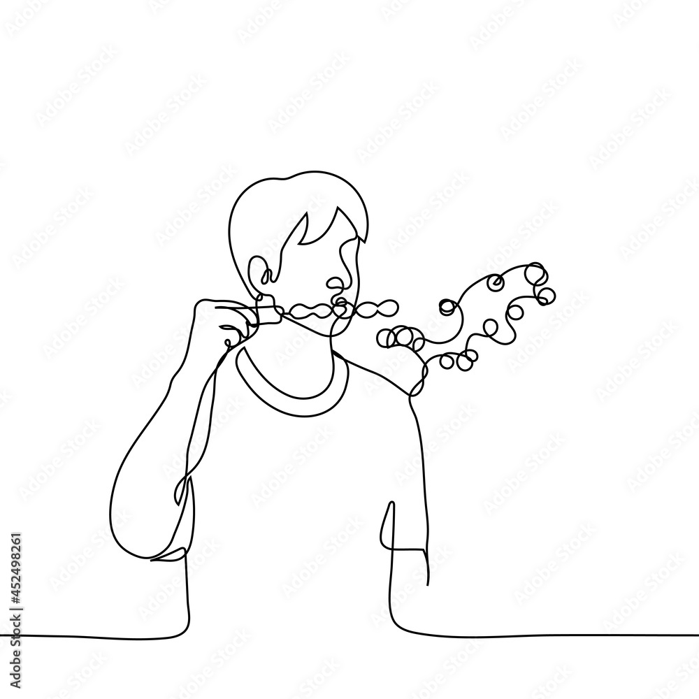man blows bubbles through a bubble wand - one line drawing. concept ...