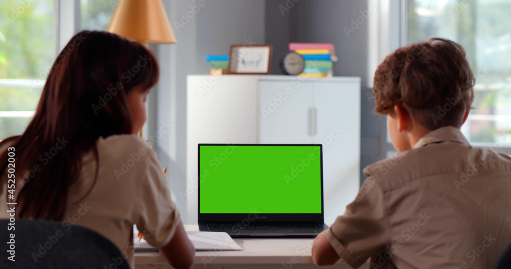 Back view of teen boy and girl sit at desk and study online. Green ...