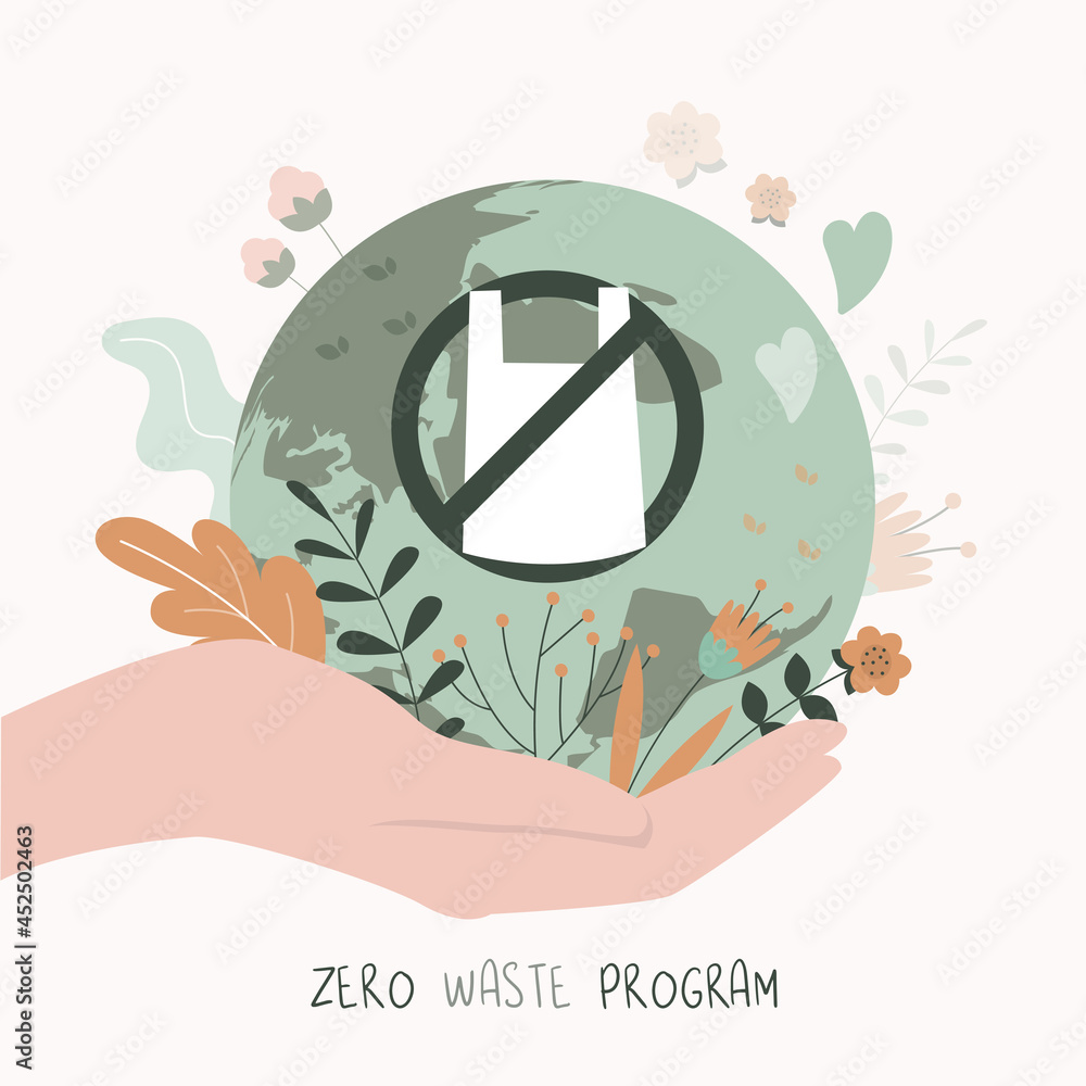 Hand holding planet with sign. Sign prohibiting the use of plastic bags ...