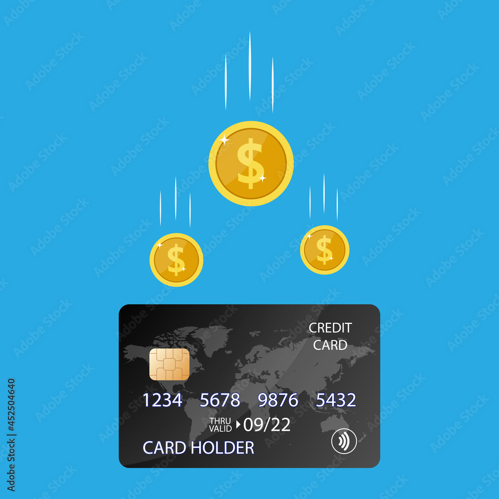 Cash back money bonus or reward income on credit bank debit card flat ...