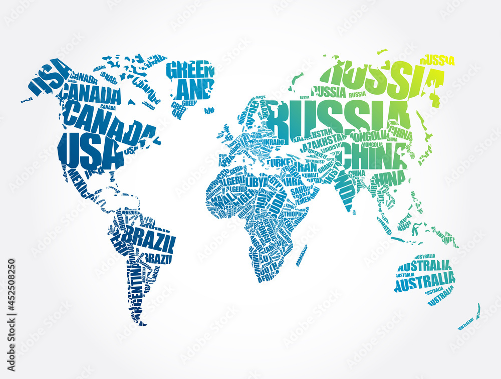 World Map in Typography word cloud concept, names of countries Stock ...