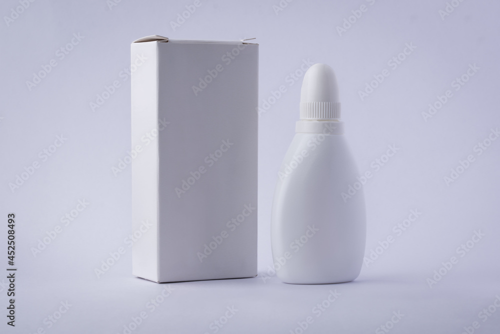 nasal spray bottle with box mockup template, saline or antiseptic drugs ...