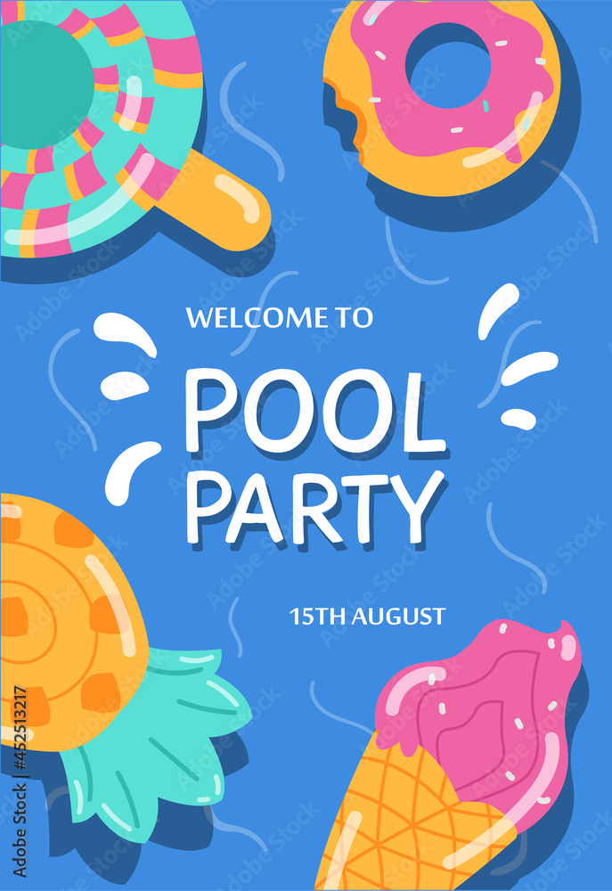 Summer pool party banner or invitation with lifebuoys, flat vector ...