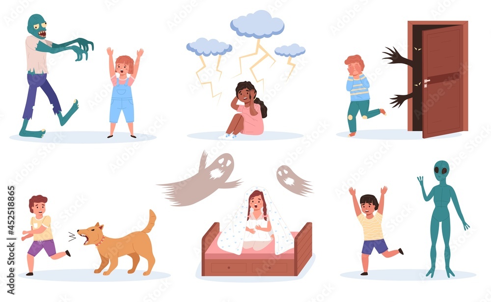 Children fears. Little kids phobias. Cartoon boys or girls with scared ...