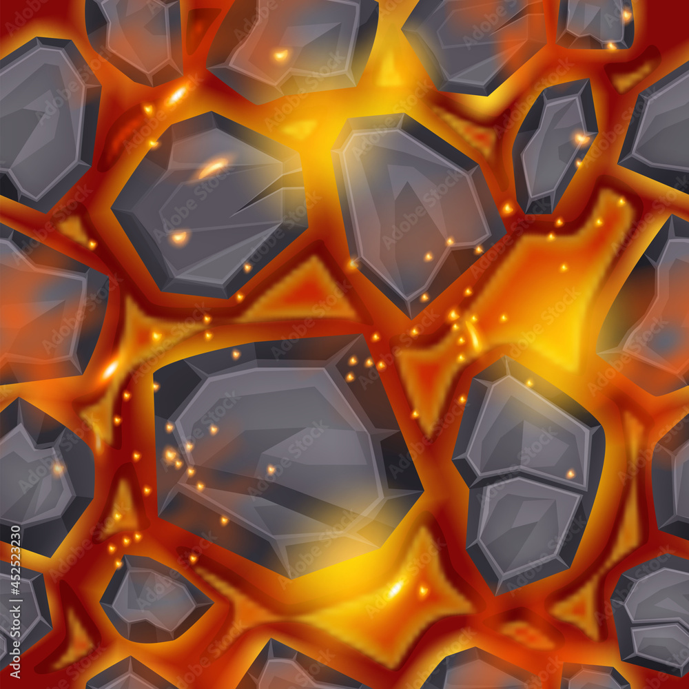 Lava stone seamless pattern, vector magma rock volcano background, hot ...