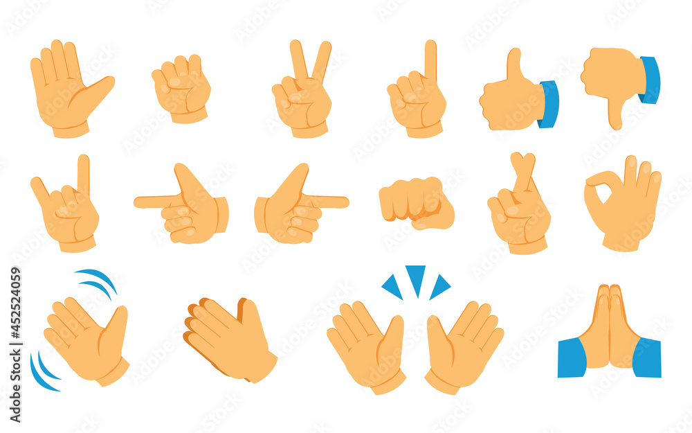 Hand emoticon. Social media gesture icons. Thumb up and waving arms ...