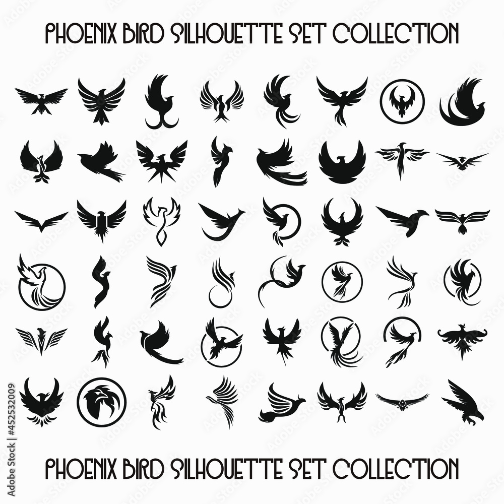 Phoenix Bird Icon Logo Tato Silhouette Set Collection Stock Vector ...
