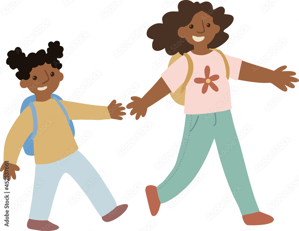 Back to school vector illustration. Two sisters going to school with ...
