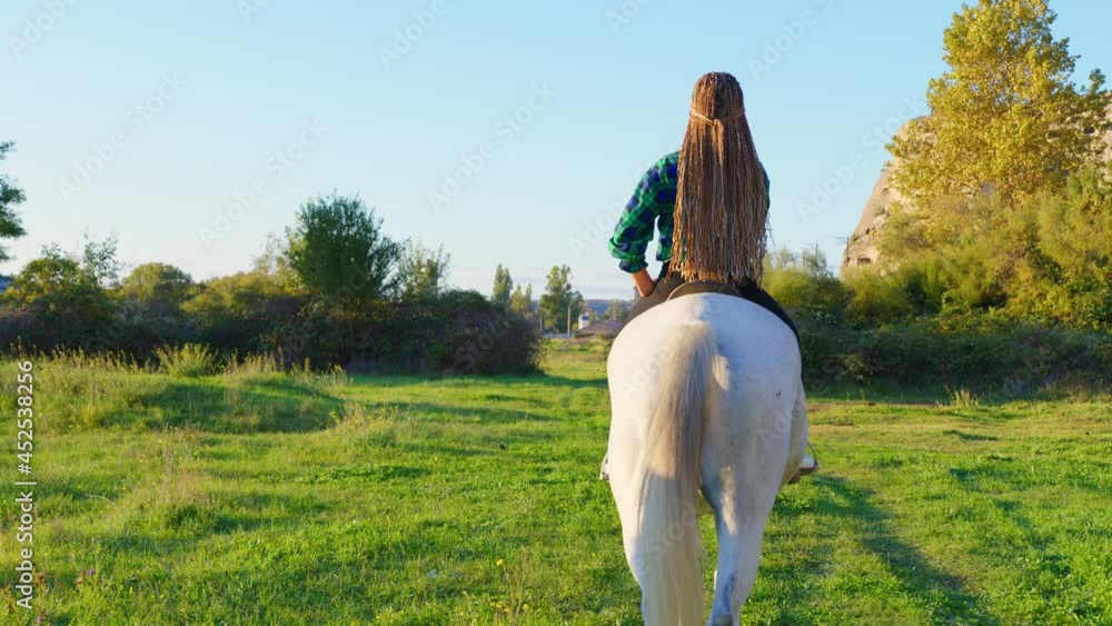 A teenage country girl riding a horse on a green field on a sunny day ...