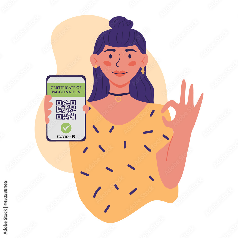 Certificate of vaccination vector flat cartoon illustration. Young ...