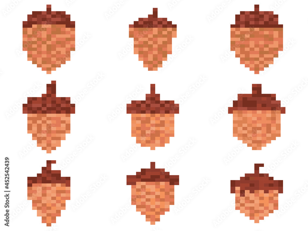 Acorn icon set isolated on white background, pixel art. 8 bit acorn ...