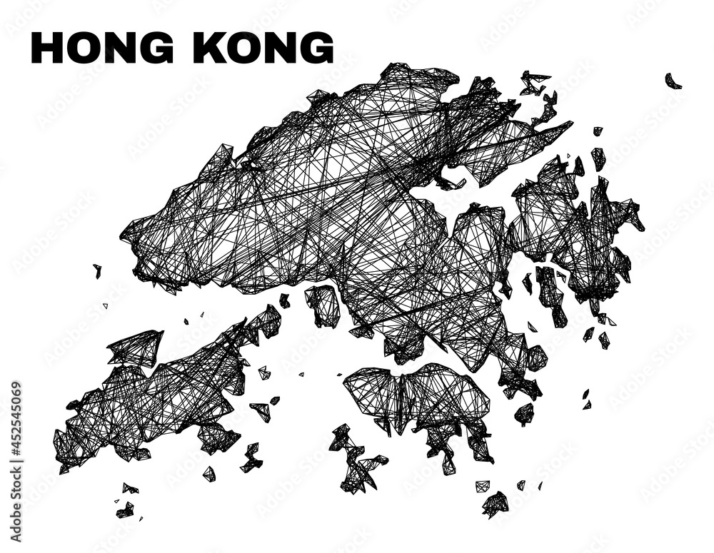 Vetor de carcass irregular mesh Hong Kong map. Abstract lines form Hong Kong map. Wire carcass ...