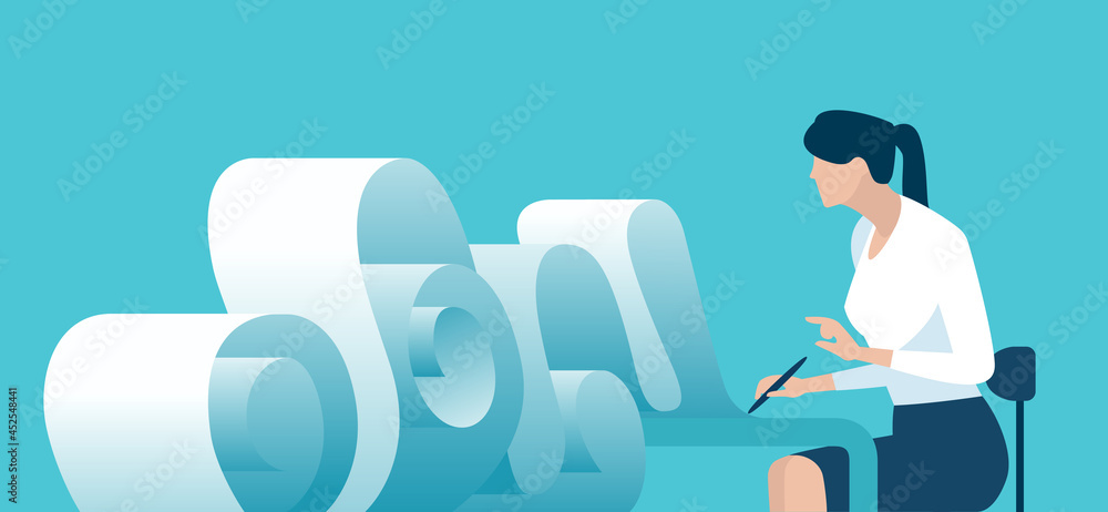 Paperwork. Woman and long document. A metaphor for endless work ...