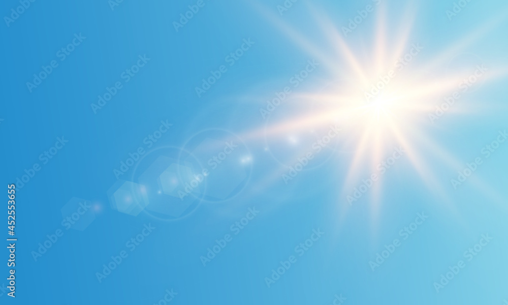 Bright sun on a blue background. Sun glare. Stock Vector | Adobe Stock
