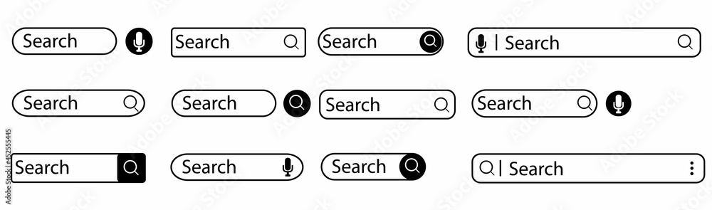 Search bar set. Search bar, search boxes. Web UI elements for browsers with text field and ...