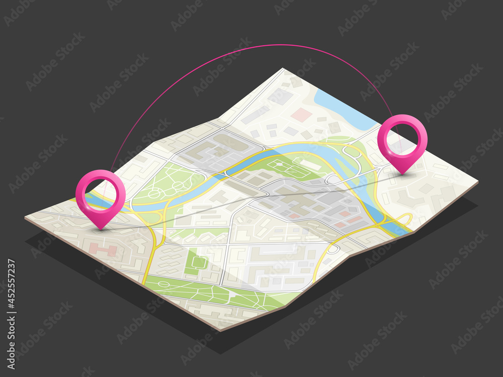 Isometric city map navigation, point markers background, app isometry ...