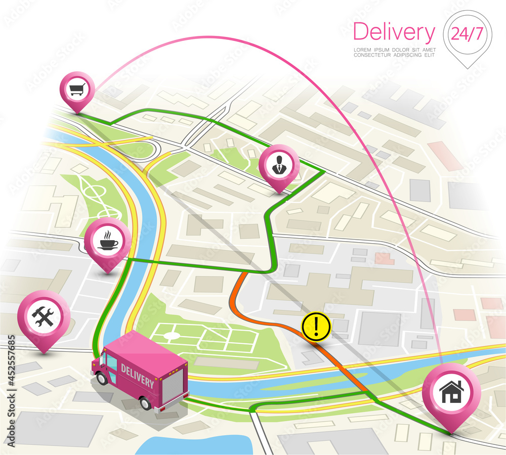 Delivery navigation route, City map point marker isometric delivery van ...