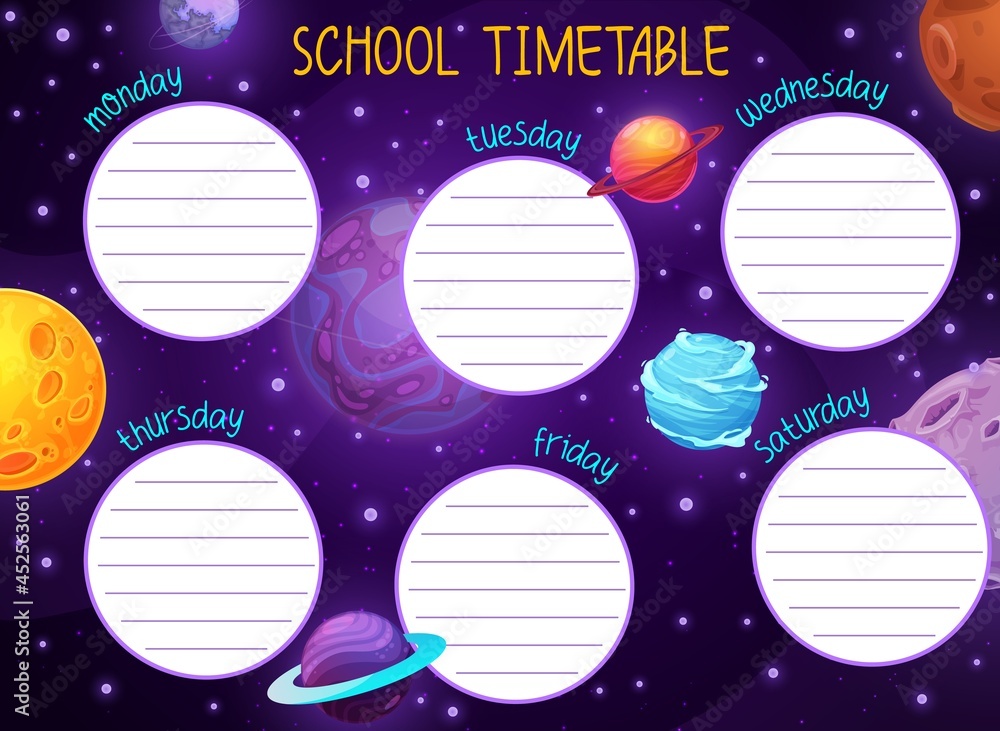 Space timetable with galaxy stars and planets. Vector schedule template ...