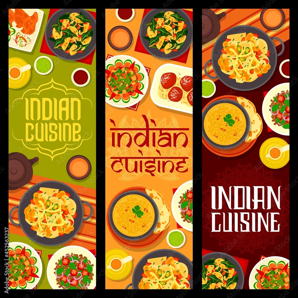Indian cuisine vector banners with spice food, vegetable dishes and ...