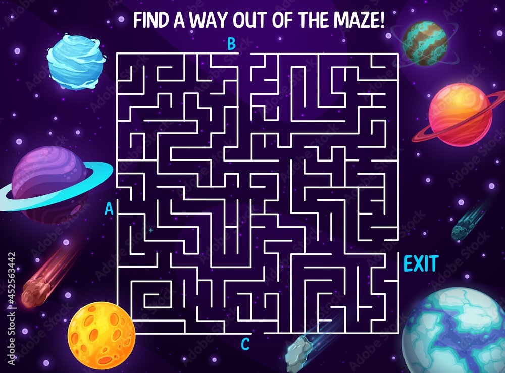 Space labyrinth maze, cartoon galaxy. Kids vector boardgame with ...