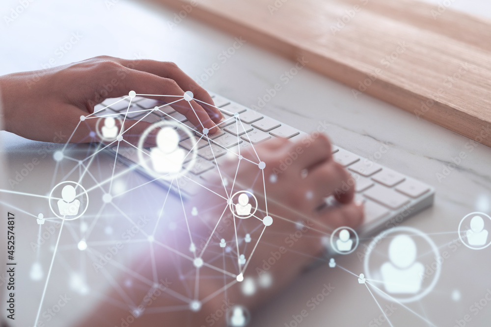 Hands of woman hr specialist is typing the keyboard in the internet to ...