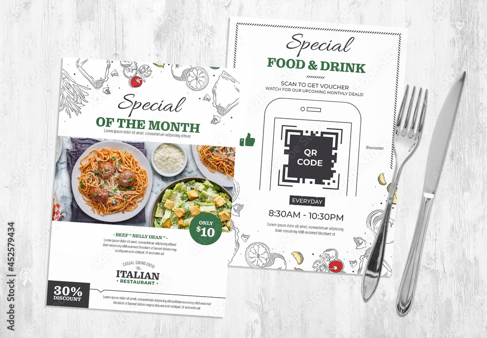 Italian Restaurant Menu Flyer with QR Code Placeholder Stock Template ...