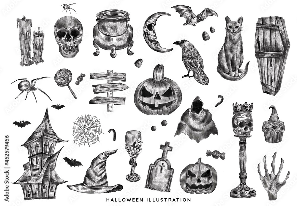 Hand Sketched Halloween Illustration Clipart with Skull Pumpkin Haunted ...