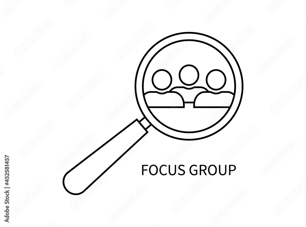 Focus group. Icon of people with magnify glass. Human with research and ...