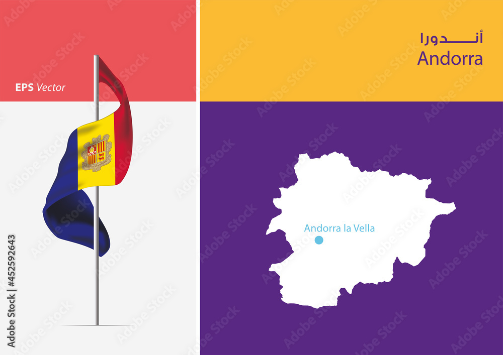 Flag of Andorra on white background. Map of Andorra with Capital ...