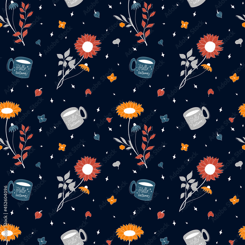 Vector seamless autumn pattern of orange, red, blue, and grey elements ...