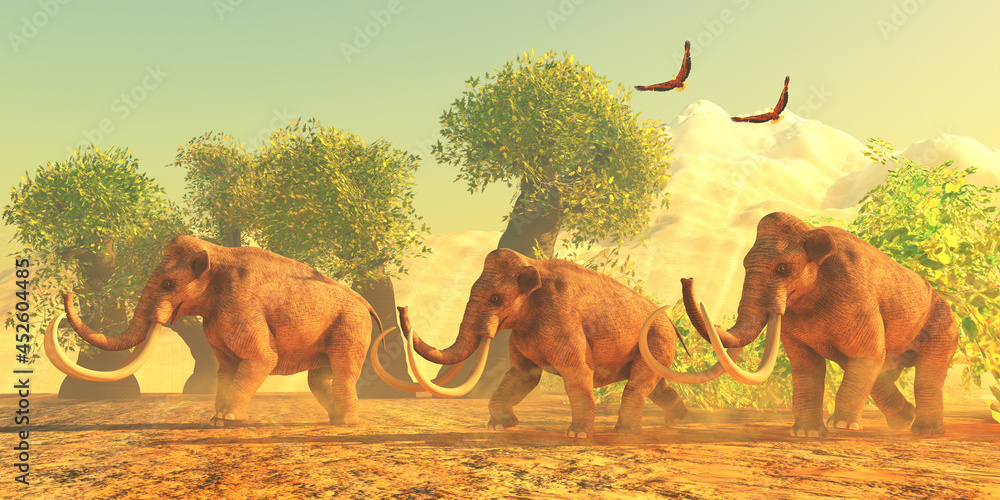 Columbian Mammoth Day - A Columbian Mammoth herd walks among trees in ...
