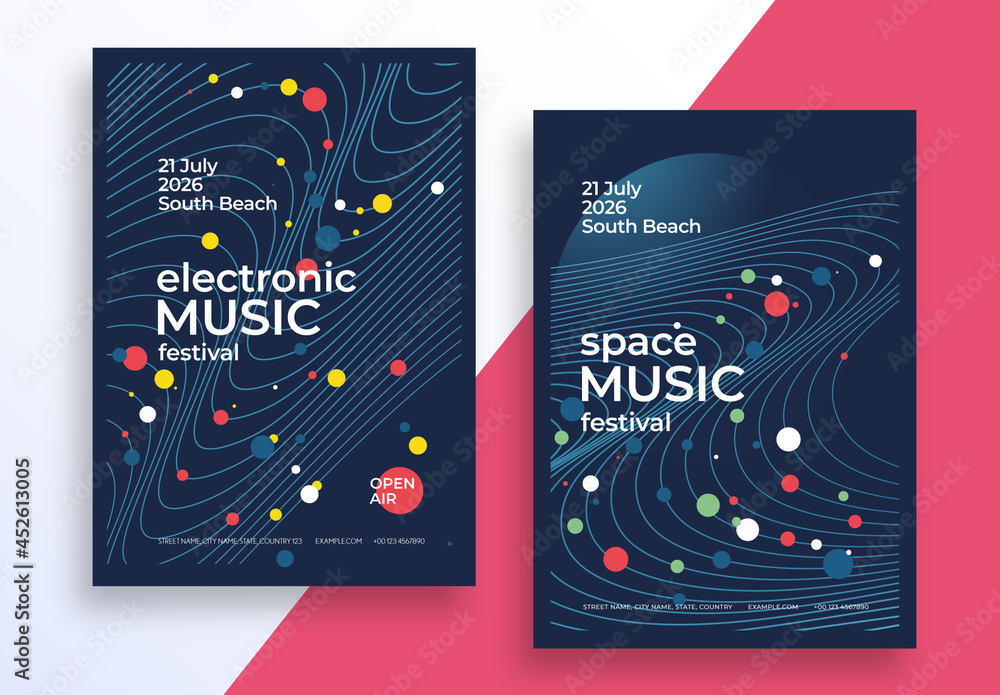 Electronic Music Poster Layout with Wavy Lines Stock Template | Adobe Stock