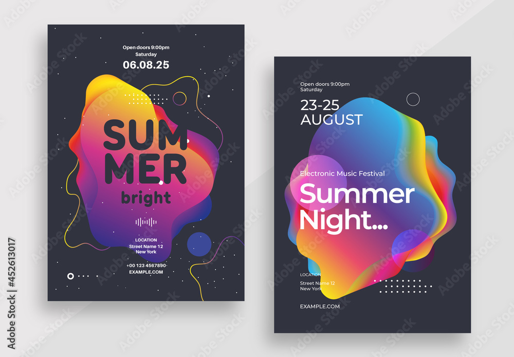 Summer Night Poster Layout with Colorful Fluid Shapes Stock Template ...