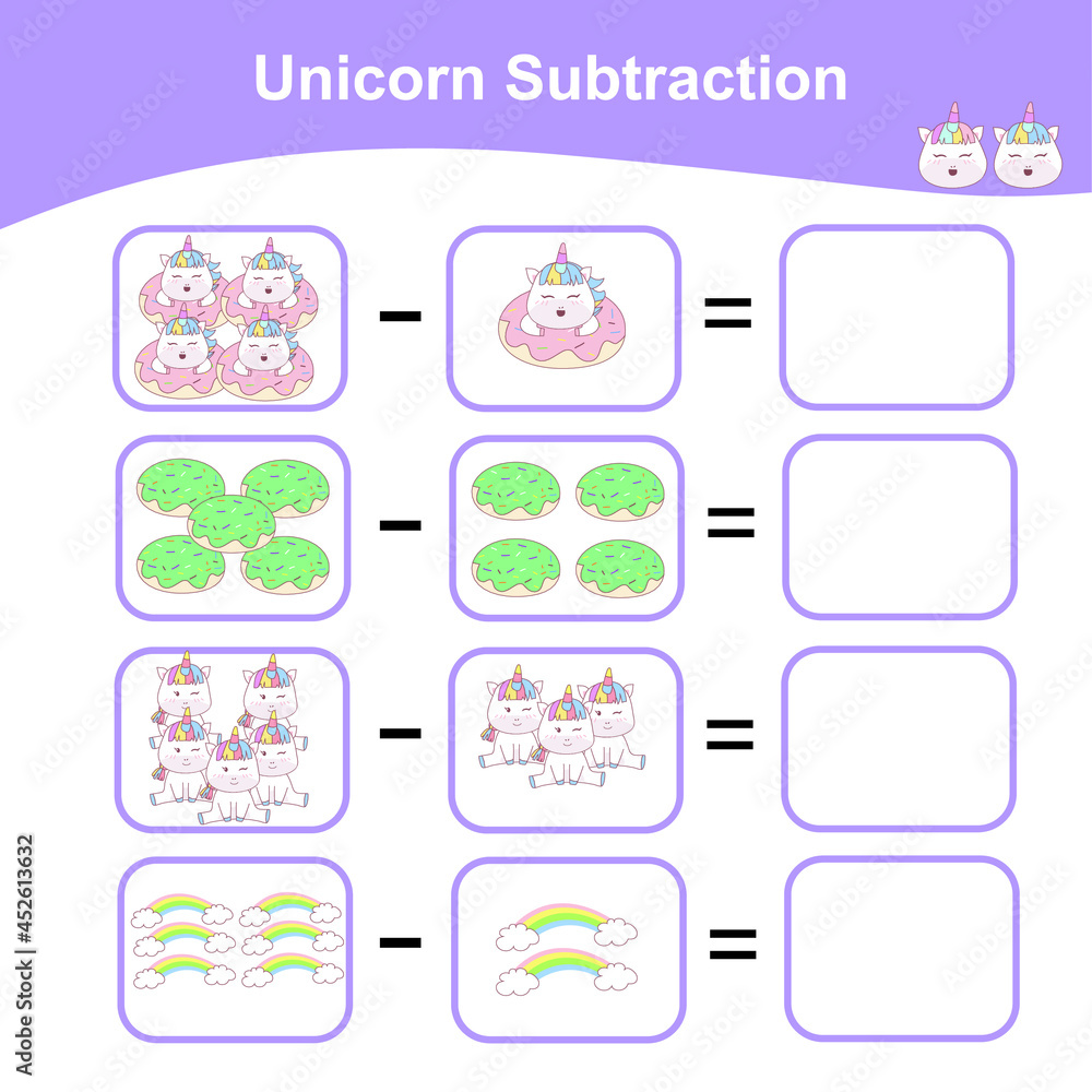 Unicorn Subtraction Math Game for Preschool. Counting Game Worksheet ...