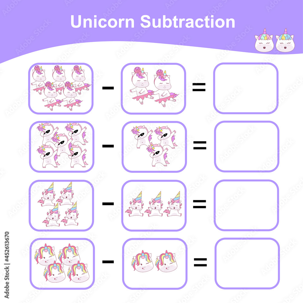 Unicorn Subtraction Math Game for Preschool. Counting Game Worksheet ...