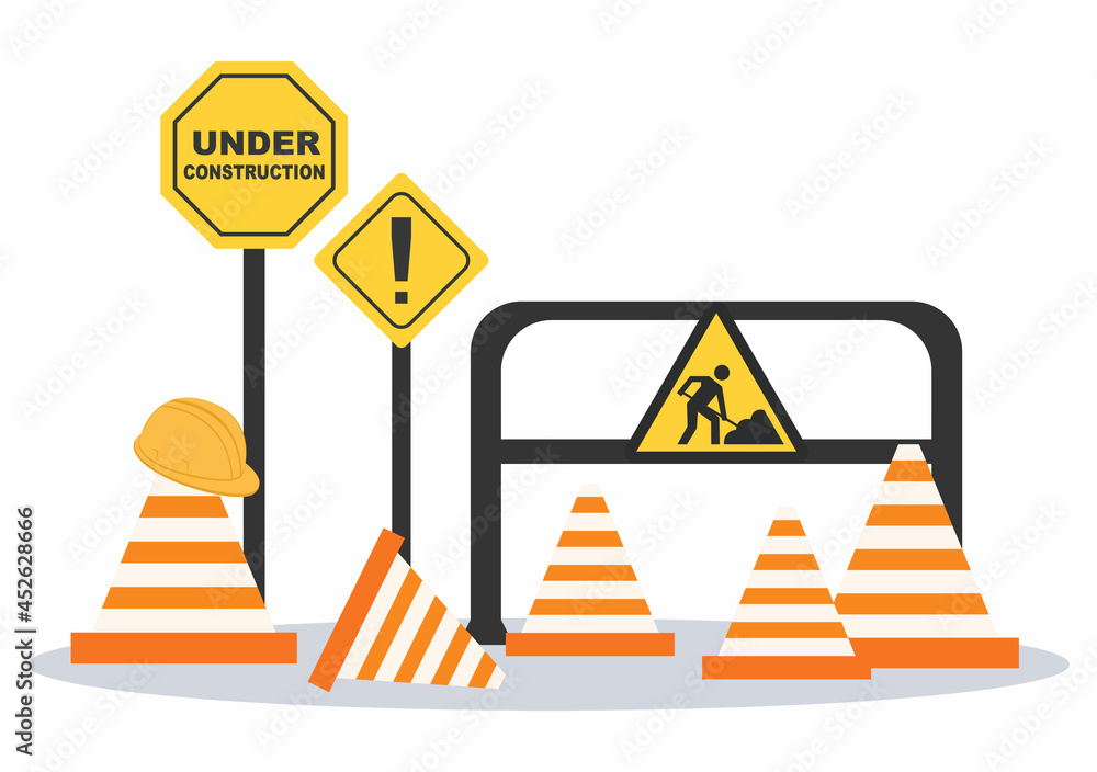 Under Construction With Symbol Worker Hold Stop or Road Sign, Tape ...
