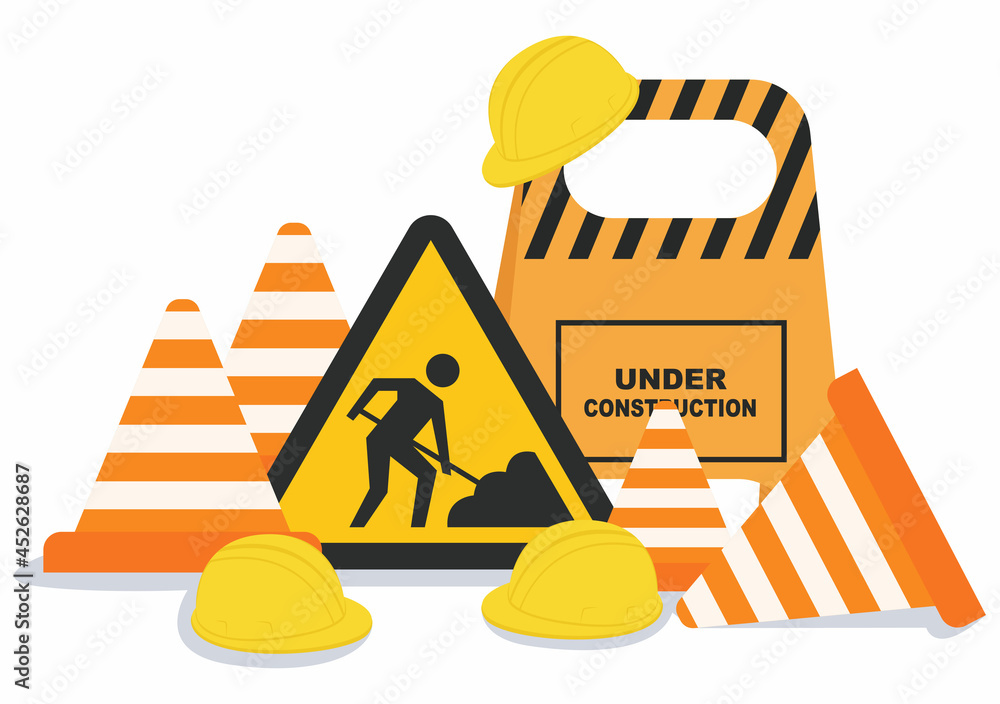 Under Construction With Symbol Worker Hold Stop or Road Sign, Tape ...