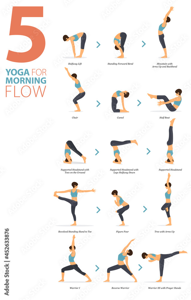 5 Yoga poses or asana posture for workout in morning flow concept ...
