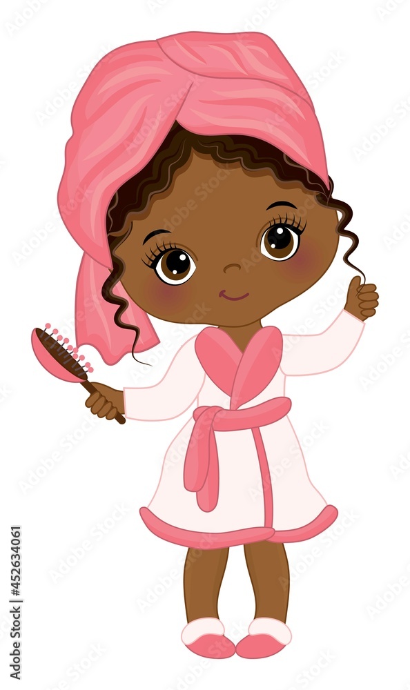 Little African American Girl Wearing Spa Robe after Shower. Vector ...