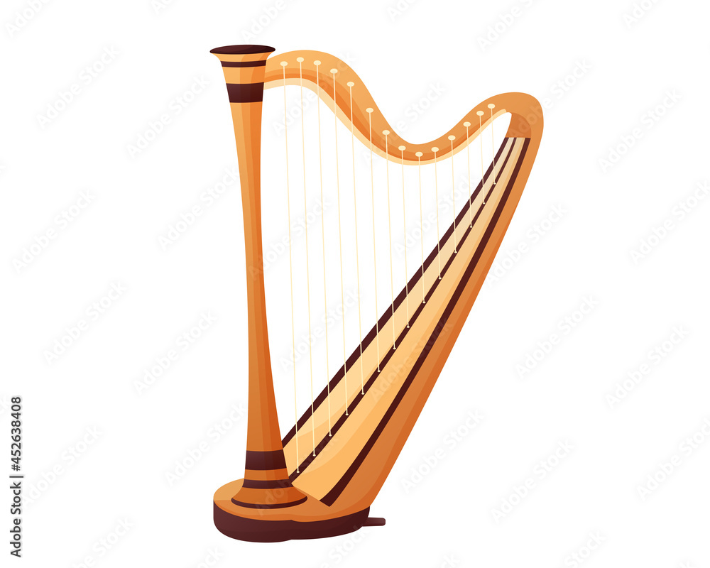 Vector illustration of a harp in cartoon style. Stringed musical ...