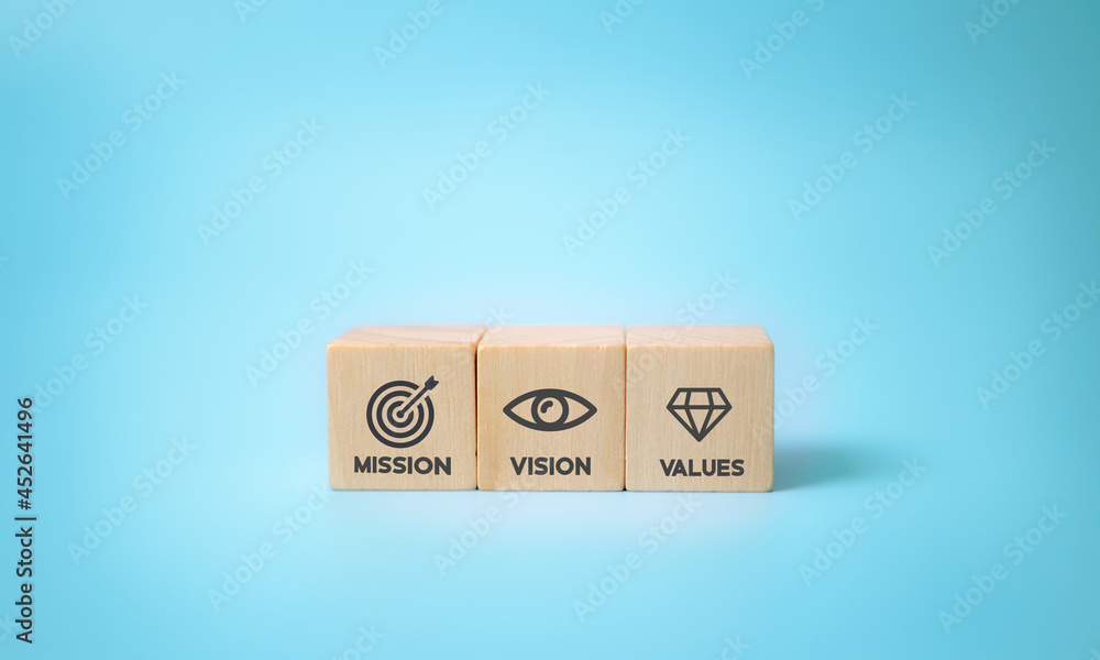 Mission vision values icon design on modern flat wooden cubes with ...