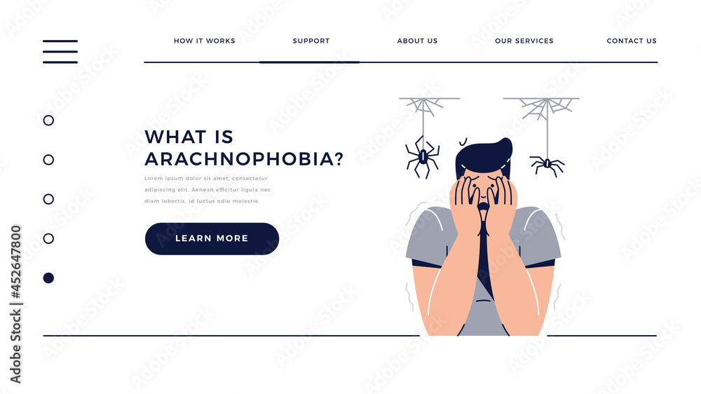 Fear of Spiders, Arachnophobia web template. Scared Frightened Man ...
