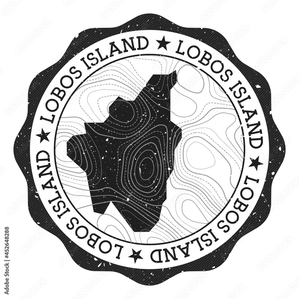 Lobos Island outdoor stamp. Round sticker with map of island with ...