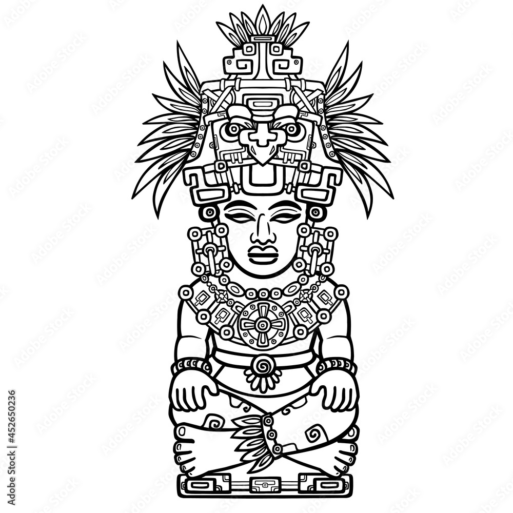 Linear drawing: decorative image of an Indian deity. Motives of art of ...